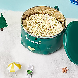 Hemoton Stainless Steel Noodle Bowl with Lid Dinosaur Pattern Soup Bowl Food Storage Container with Handle and Lid Bento Lunch Box Snack Bowl Rice Noodles Salad Green