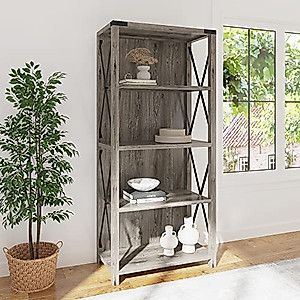 AMERLIFE Industrial Farmhous 68" TV Stand for TVs up to 70" & Set of 2 Industrial Metal X Back Bookshelf, 64", Rustic Wash Grey