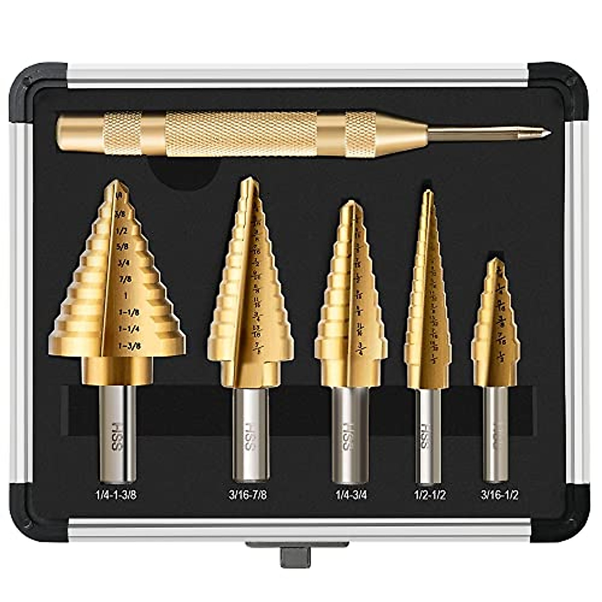 GMTOOLS 6 Pcs Step Drill Bit Set, High Speed Steel Unibit Drill Bits, Stepped Up Bits & Automatic Center Punch for Sheet Metal, DIY Lovers with Aluminum Caes, Total 50 Sizes for Multiple Hole