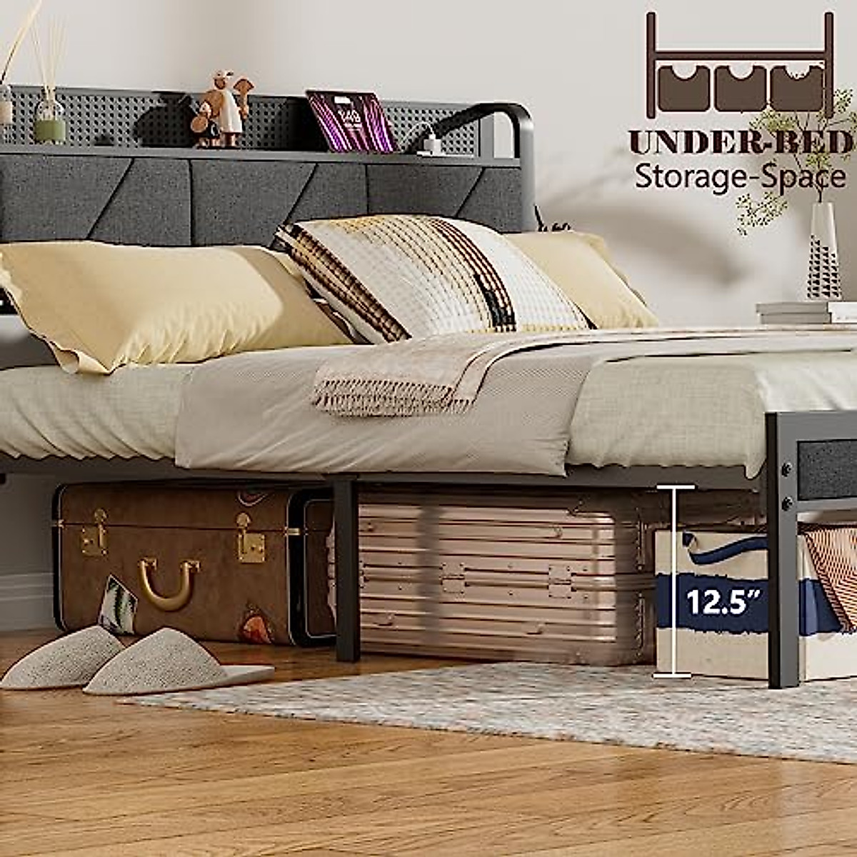 Furnulem Queen Size Bed Frame with LED Lights,Upholstered Storage Headboard with Charging Station and USB Port, Platform Bedframe Queen No Box Spring Needed, Noise Free