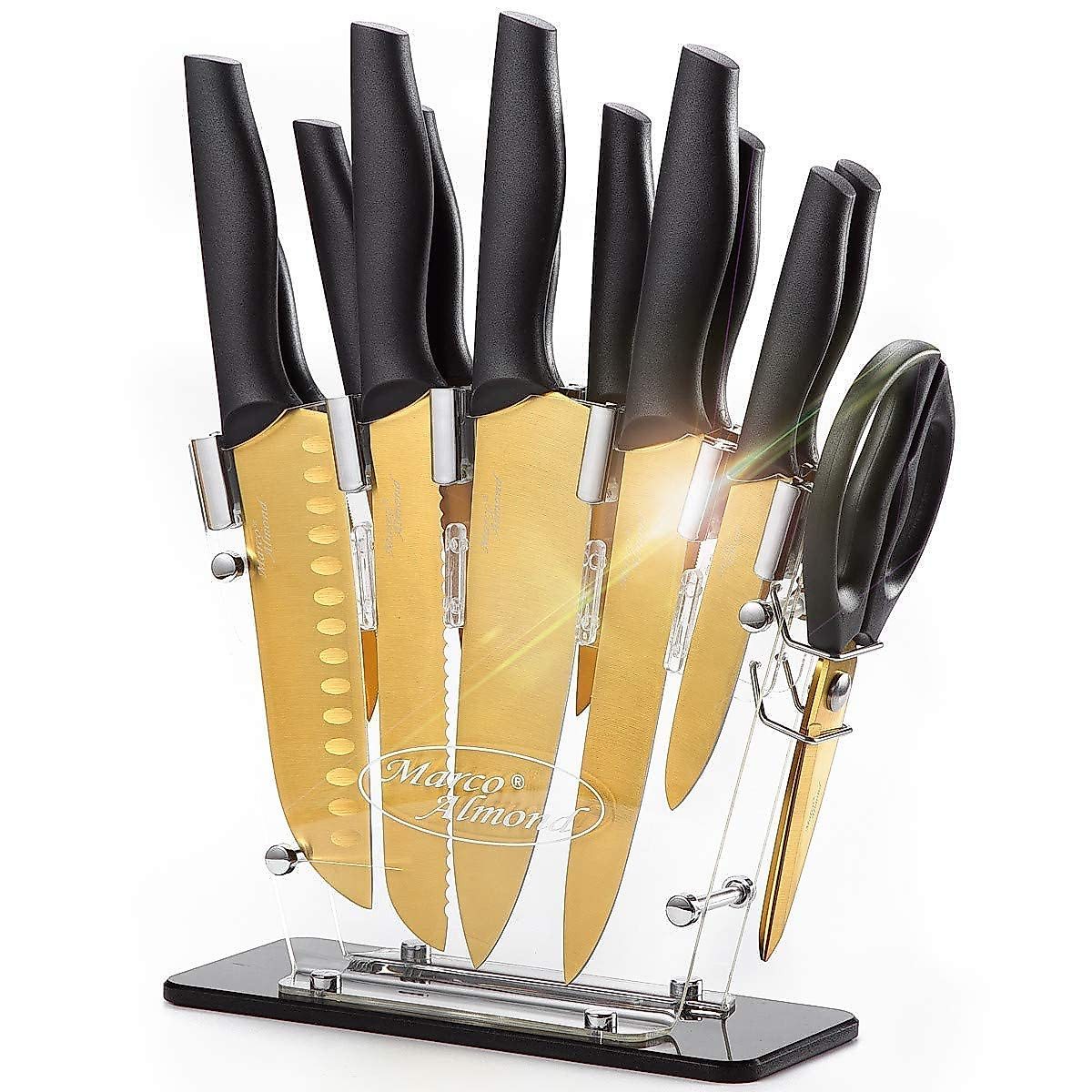 KYA23 Golden Titanium Knife Set with Acrylic Stand + KYA59 Titanium Coated Stainless Steel Long Handle Spoons