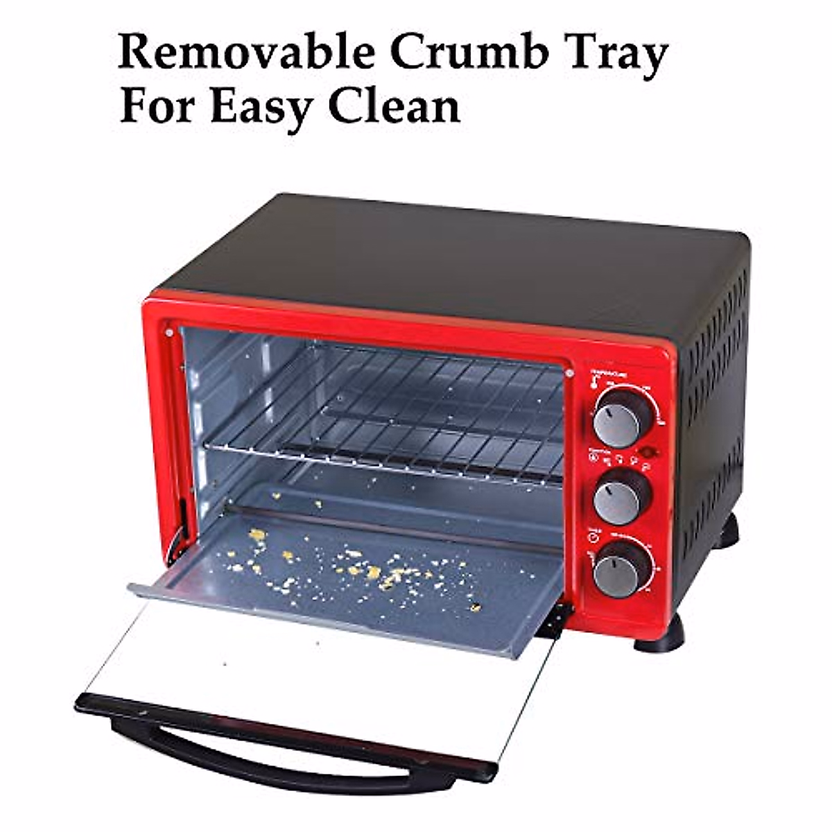 LUBY Convection Toaster Oven with Timer, Toast, Broil Settings, Includes Baking Pan, Rack and Crumb Tray, 6-Slice, Red