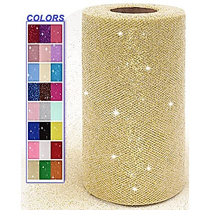 Glitter Gold Tulle Fabric Rolls, 6 Inch 50 Yards (150ft) Sparkling Spool Ribbon Sequin Netting for Tutu Skirt Gift Wrapping Wedding Party Decoration (White/Gold)