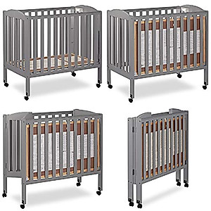 Dream On Me 3 in 1 Portable Folding Stationary Side Crib in Steel Grey, Greenguard Gold Certified, Safety Wheels with Locking Casters, Convertible, 3 Mattress Heights