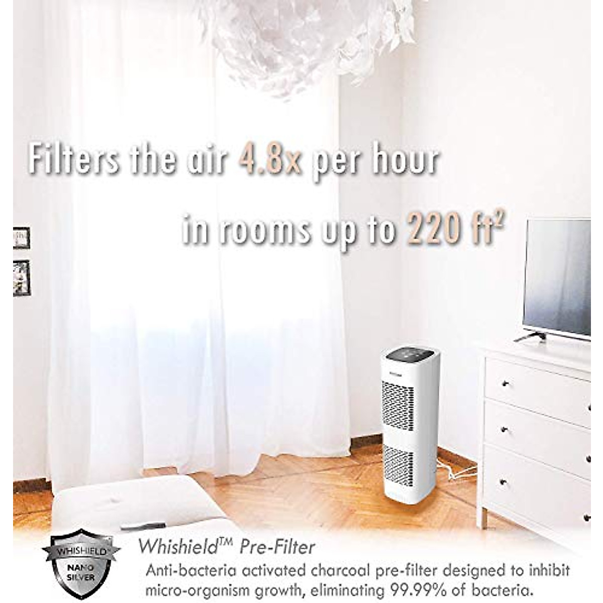 Whirlpool Whispure WPT80P True HEPA Air Purifier, Activated Carbon Advanced Anti-Bacteria, Ideal for Allergies, Odors, Pet Dander, Mold, Smoke, Smokers, and Germs, Large, White