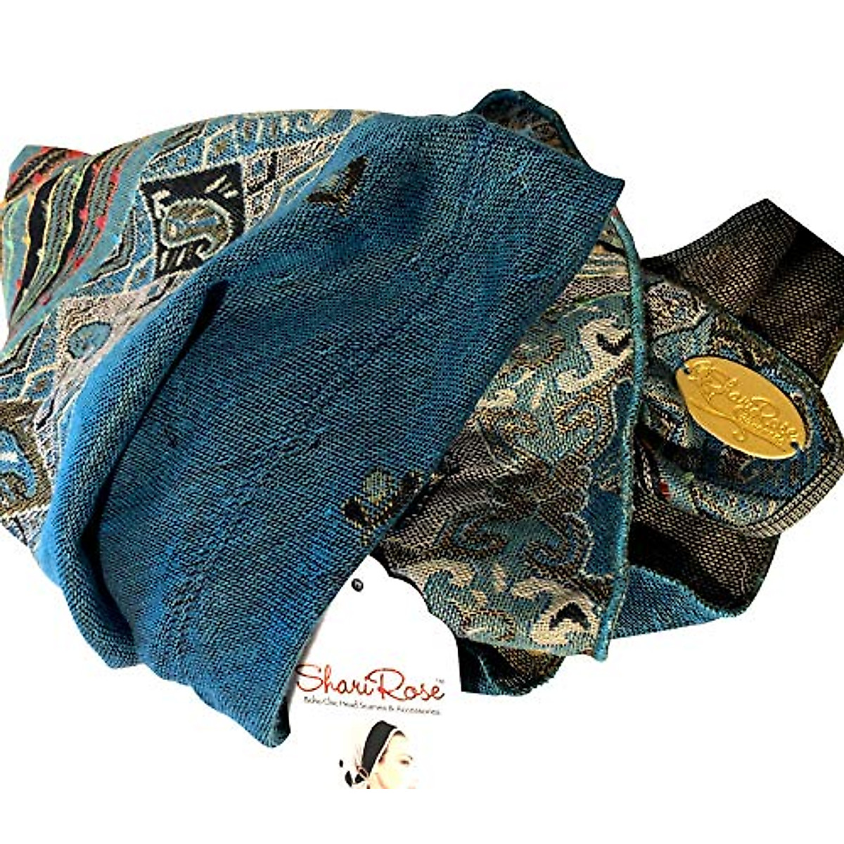 Teal Cashmere Headscarf Turquoise Headwear for Women Tichel Super Soft Headcovering Head cover Head wear Pre tied Bandana Ethnic Print Collection (Teal short - 290)