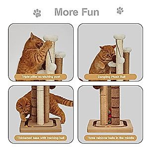 Cat Scratching Post Premium Natural Sisal Jute Carpet 3 Scratch Posts with Interactive Track Ball Base and Hanging Balls Toys Tall Kitten Scratcher for Indoor Kittens and Small Cats