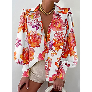 EVALESS Womens Tops Long Sleeve Shirt Cute Print Blouses for Women Fashion 2025 Red Button Down Shirt for Women Dressy Casual Boho Clothes Outfits for Holiday Sexy V Neck Tops for Spring Fall,Small