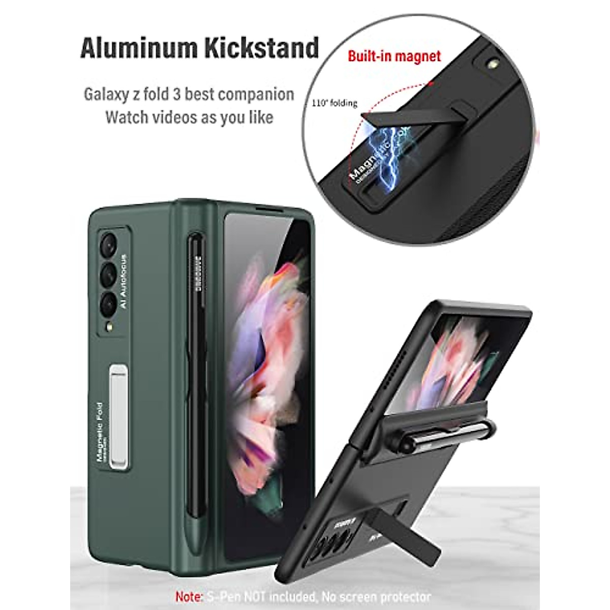 KumWum Phone Case for Samsung Galaxy Z Fold 3 5G Hinge Protection with S Pen Slot Full Body Cover Ultra Thin Built-in Kickstand - Black