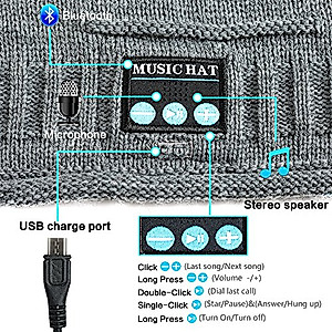 Bluetooth Beanie Hat 5.0 Wireless Headphones Music Hats with Built-in Microphone Winter Hat Warm Ski Cap for Men Women (012-Grey)