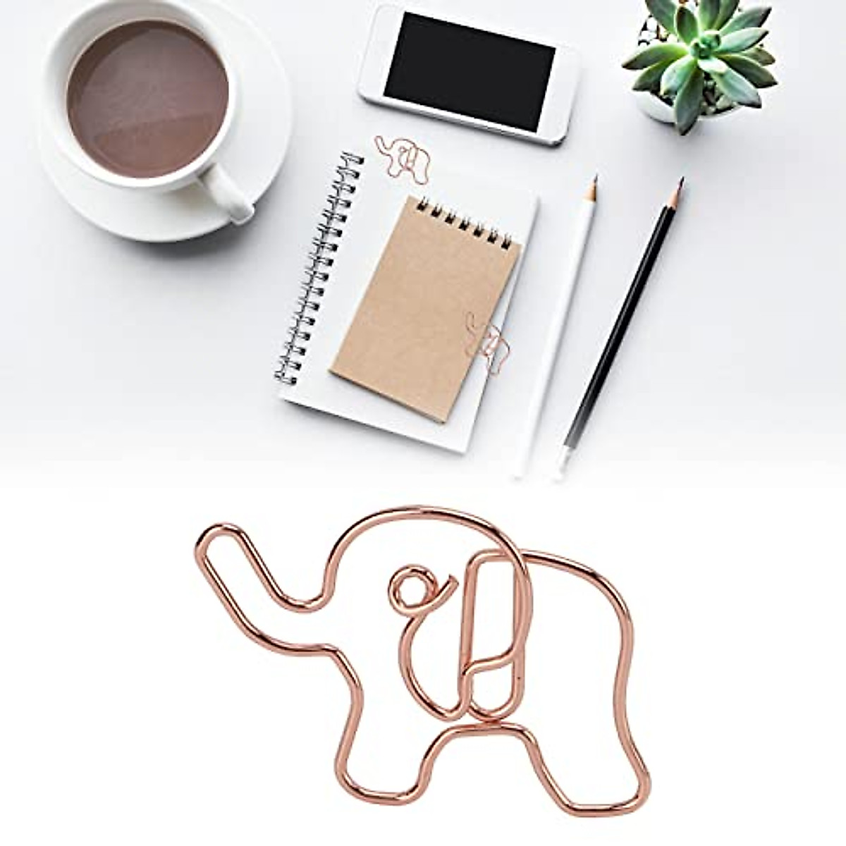20Pcs Cute Elephant Shaped Paper Clips,Rose Gold Journal Paper Clips Metal Bookmark Clips Office Supplies with Storage Box for Document Organizing