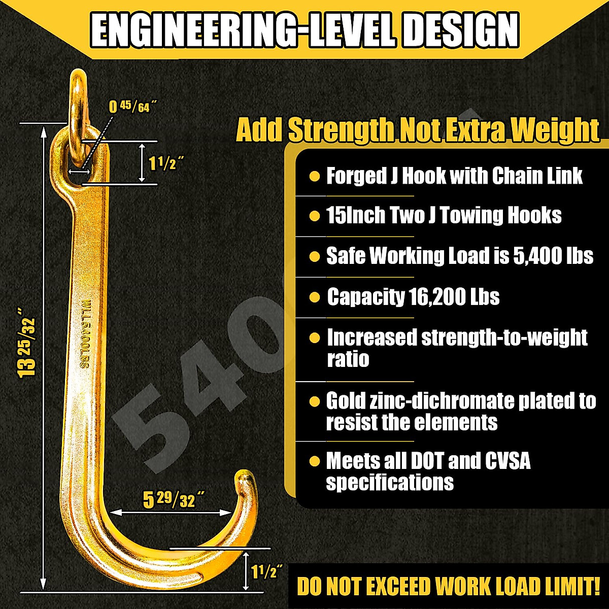 YATOINTO Pair of 15" J Hooks for Towing - G70 Steel with Chain Links, 5400 lb Capacity - Heavy Duty Tow Hook Fits Tractors, Trailers, Trucks