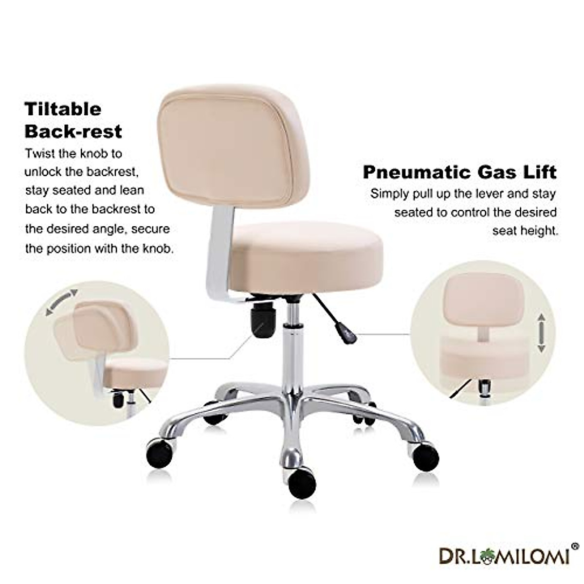 DR.LOMILOMI Extra-Wide Seat Rolling Swivel Clinic Medical Salon Stool Chair with Memory Foam 502