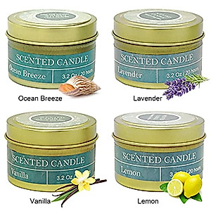 DEYBBY Natural Soy Wax Scented Candles 4 Pack 4oz Gift Set-Lavender, Vanilla, Lemon, Ocean Breeze Aromatherapy | 20 Hours Long Lasting Burning Travel Tin Candles for Stress Relief Relaxation BathYoga