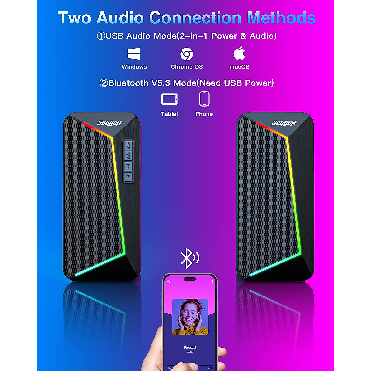 SOULION R40 Computer Speakers, USB/Bluetooth V5.3 Desktop Speakers for PC Monitor Gaming, with Customize 6 Lighting Effects, 2.0 Channel Surround Stereo & Quality Bass