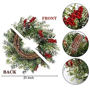 Sggvecsy 21 Inch Artificial Christmas Wreath for Front Door Xmas Red Berry Wreath with Pine Needles Pine Cones Eucalyptus Leaves Christmas Hanging Decorations for Wall Outdoor Home Window Decor