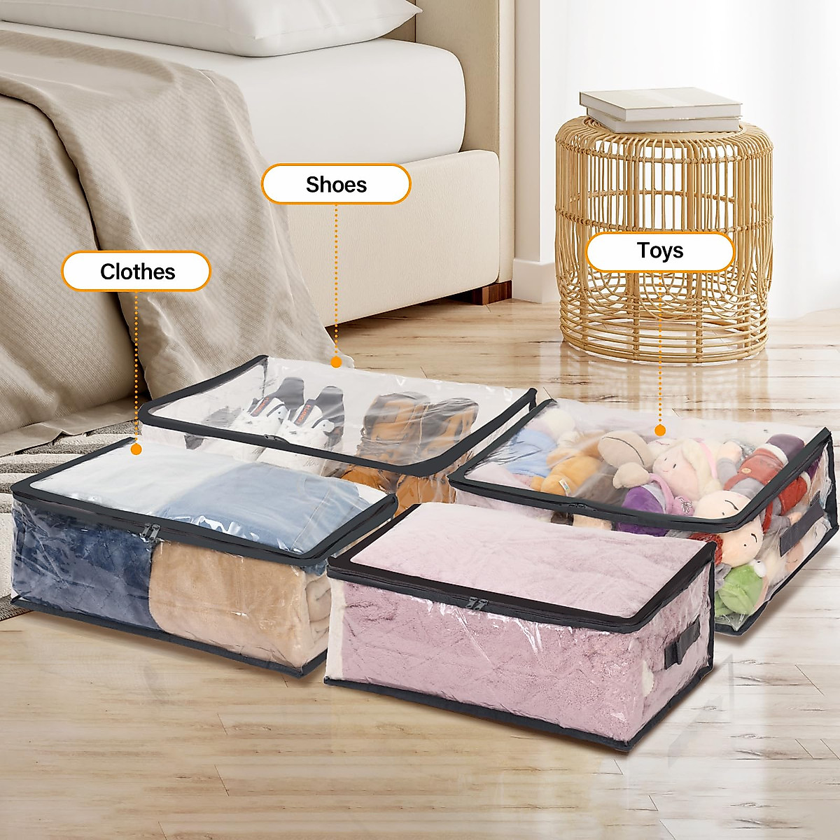 Fixwal 2pcs Clear Clothes Organizer Storage Bags, Foldable Bed Sheet Comforter Storage Bags PVC Organizers with Zipper for Sweaters, Bedding Sets, Closet(35l, 9.5 Gallons)