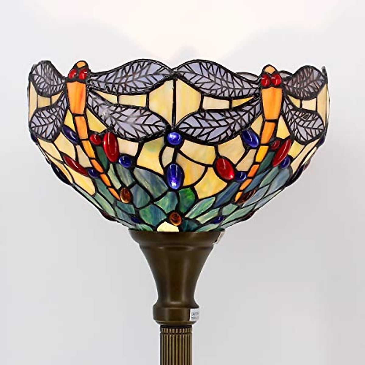 WERFACTORY Tiffany Floor Lamp Sea Blue Yellow Stained Glass Dragonfly Light 12X12X66 Inches Pole Torchiere Standing Corner Torch Uplight Decor Bedroom Living Room Home S128 Series