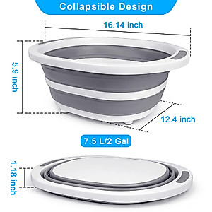 Collapsible Wash Basin, 7.5L Dish Tub Sink Basin Folding Dish Pans for Kitchen Sink, 2-in-1 Dishpan + Cutting Board, Portable Sink Dish Basin for Camping BBQ Prep Tub Washing Bin Bucket for Cleaning