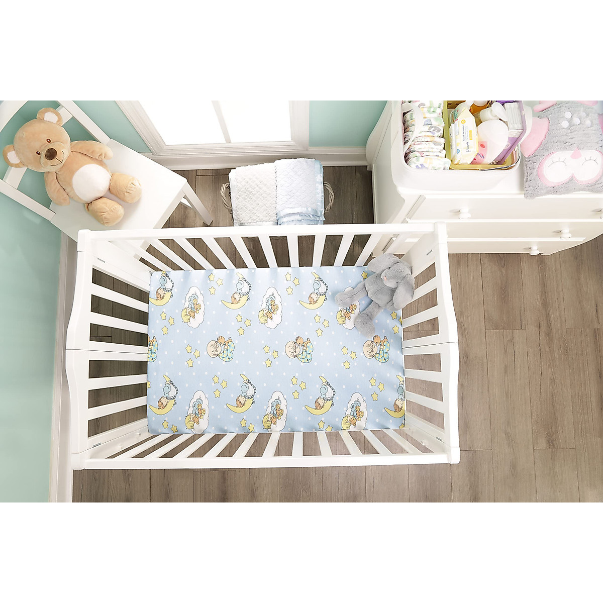 2 Pack n Play Mattress Sheets – 100% Jersey Knit Cotton Soft Portable Crib Mattress Sheet for Boys with Blue and Yellow Precious Moments Design; 2 Pk Playpen Mattress or Mini Crib Fitted Sheet Set