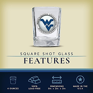 Heritage Pewter University of West Virginia Square Shot Glass | Hand-Sculpted 1.5 Ounce Shot Glass | Intricately Crafted Metal Pewter Alma Mater Inlay
