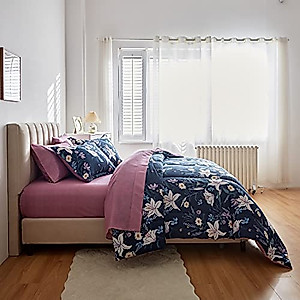 Joyreap 7 Piece Bed in a Bag Full/Queen, Lilies on Navy Floral Design, Microfiber Bedding Comforter Set with Sheets- 1 Comforter, 2 Pillow Shams, 1 Flat Sheet, 1 Fitted Sheet, 2 Pillowcases