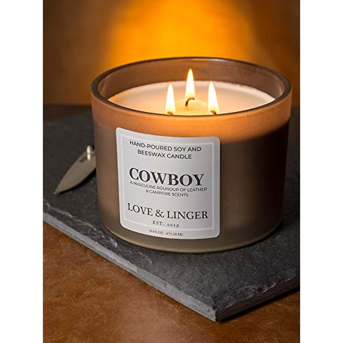 Leather Scented Candles | Campfire Scented Candles | Luxury Soy & Beeswax Candles for Home | 16 oz. Large Jar 3 Wick Candle | Masculine Candle | Manly Candles For Home | Scented Candles for Men