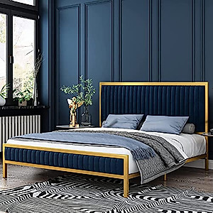 HIFIT Bed Frame Queen Size, Queen Bed Frame with Headboard, Heavy Duty Metal Foundation, Upholstered Bed Frame with Velvet Tufted Headboard, Wood Slat Support, No Box Spring Needed, Gold & Navy Blue