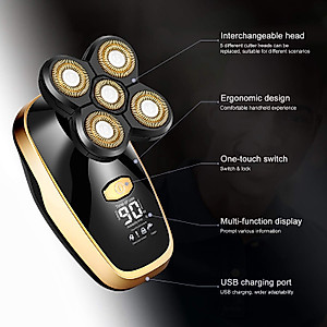 Electric Shaver Razor for Men, Bald Head Shaver 5 in 1 Cordless Waterproof Mens Shaver USB Rechargeable Grooming Kit (Gold)