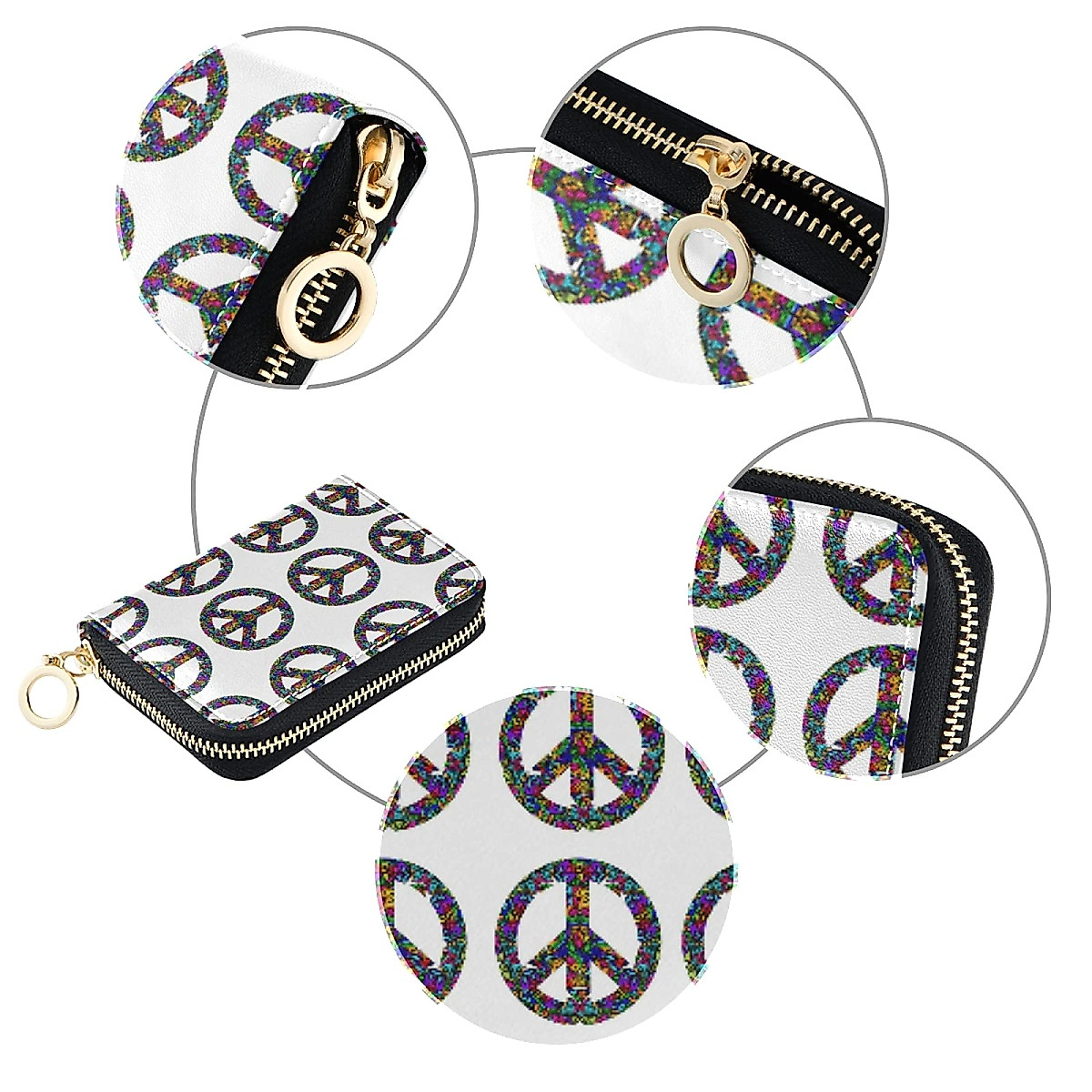Peace Signs Seamless On White Credit Card Coin wallet, RFID Blocking Compact Women Leather Card Holder, Key Change Organizer, Zipper Purse Clutch Pouch Pocket