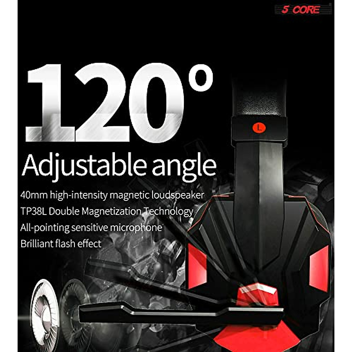 5 CORE Gaming Headset for PS4 PC One PS5 Console Controller, Noise Cancelling Microphone Over Ear Stereo Headphones with Mic, LED Light, Bass Surround, Earmuffs for Laptop Mac NES Games HDP GM1 R