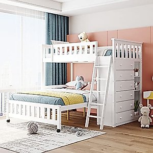 VilroCaz Wooden Twin Over Full Bunk Bed with 6 Drawers and Adjustable Shelves, L-Shape Full Platform Bed with Wheel, Modern Bunk Bed Frame with Ladders and Full Guardrails (White)