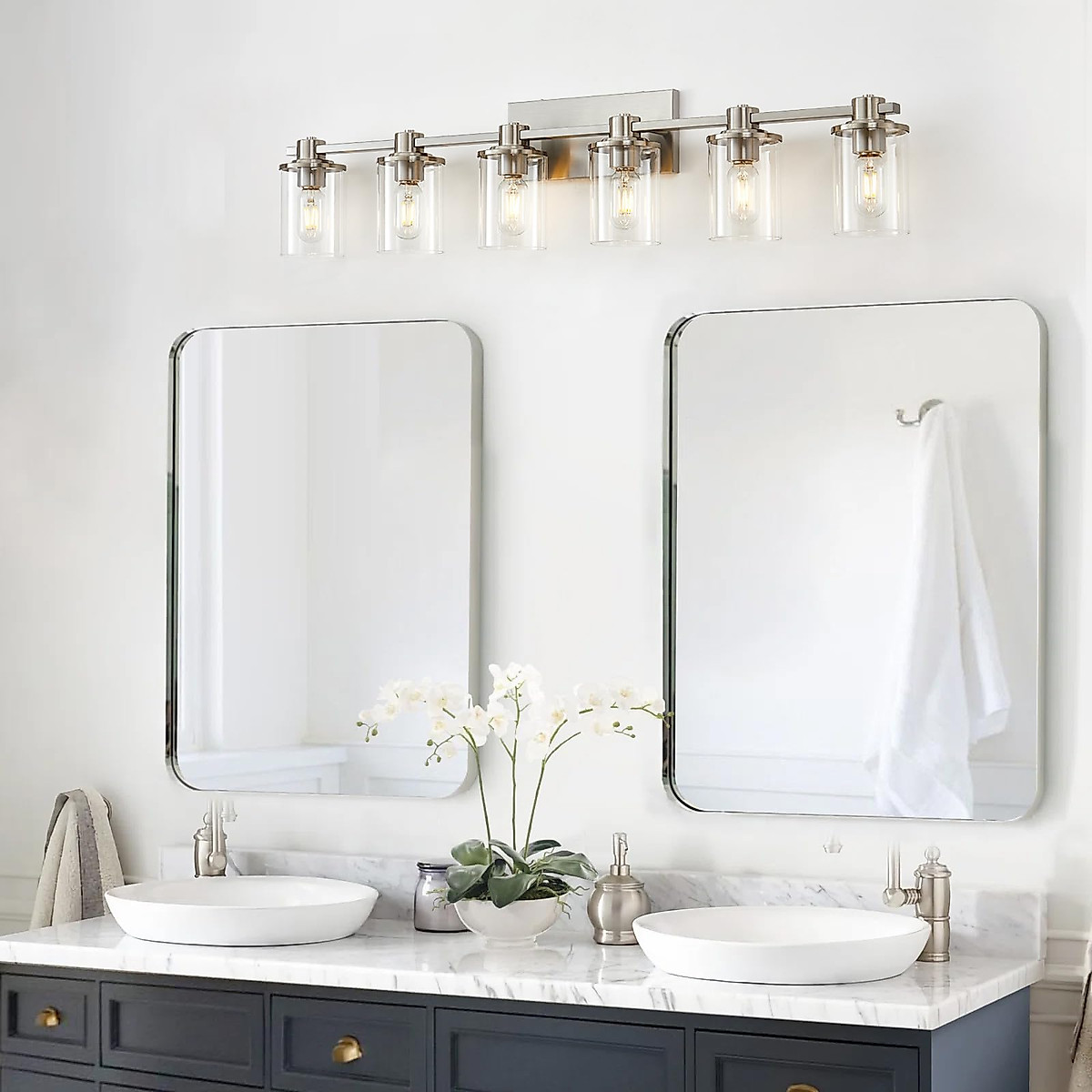 XGFOURSEVEN Brushed Nickel Bathroom Vanity Light, 6-Light Bathroom Light Fixtures with Clear Glass Shade, Nickel Wall Sconce for Bathroom Lighting (Brushed Nickel, 6 Light)