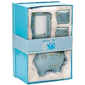 BRUBAKER My First Piggy Bank Gift Set for Baby Boy - 4 Pcs Keepsake Gift Set Includes Piggy Bank, First Curl, First Tooth and Photo Frame - Blue