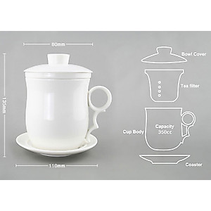 BandTie Convenient Travel Office Loose Leaf Tea Brewing System-Chinese Jingdezhen Blue and White Porcelain Tea Cup Infuser 5-Piece Set with Tea Cup Lid and Saucer (Peach Blossom)