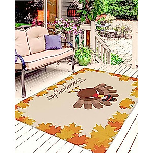 Outdoor Area Rug for Patio,Thanksgiving Day Turkey Fall Maple Camping Rugs Indoor Large Floor Mat 4x6ft,Autumn Orange Pumpkin Fallen Leaves Outside Carpet for Deck RV Picnic Porch Backyard Bedroom