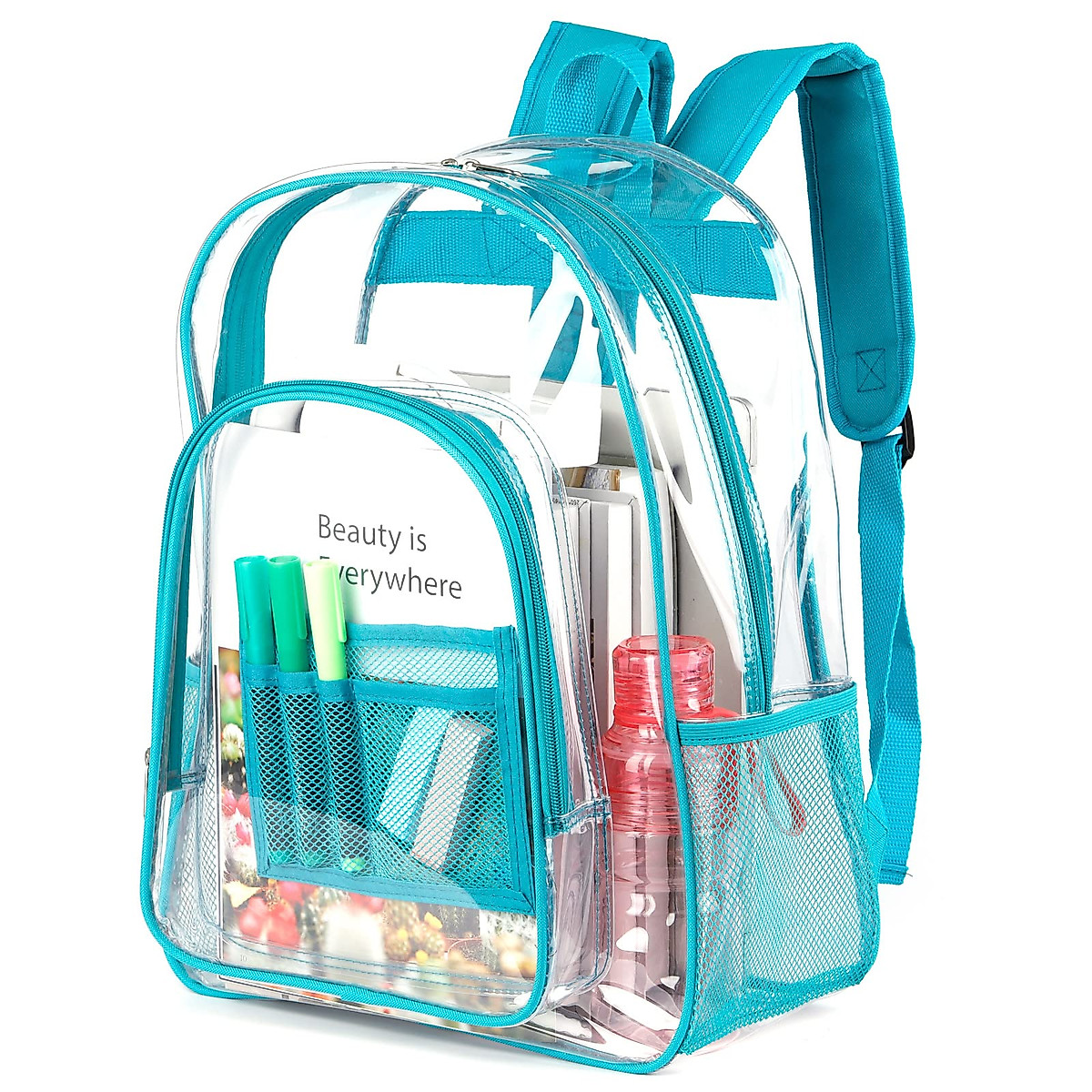 Clear Backpack Heavy Duty with Reinforced Straps, Side Pockets for Kids, Boys, Girls, School - Turquoise,Teal