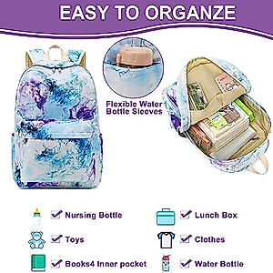 School Backpack for Teen Girls Bookbags Elementary High School Marble Laptop Bags Women Travel Daypacks (Marble Blue)