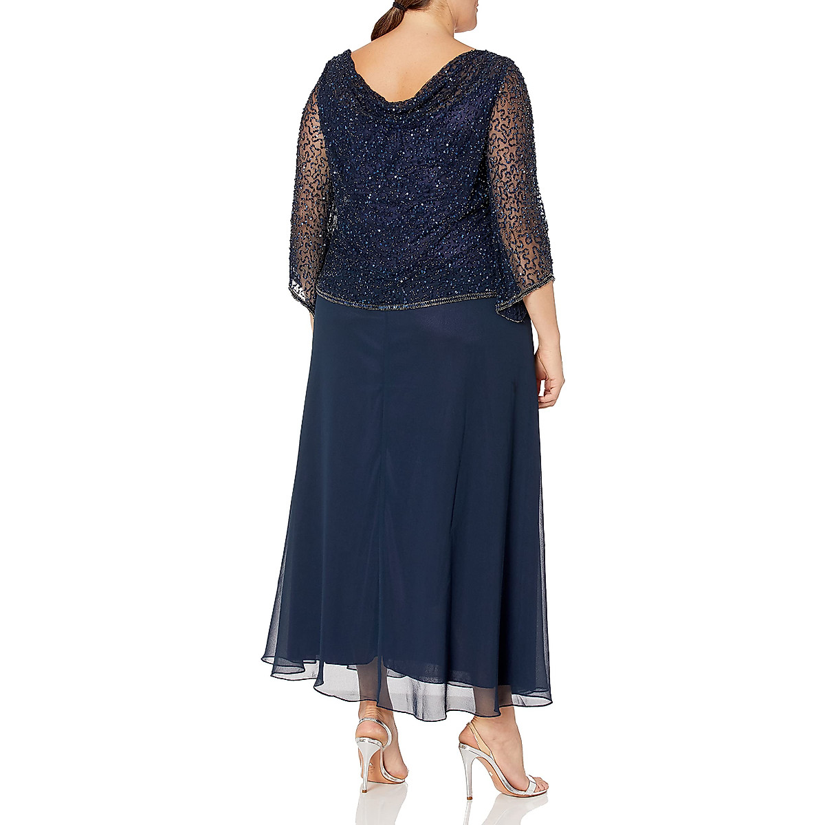 J Kara Women's Plus Size Long Beaded Dress with Cowl Neck, Navy/Mercury, 20W