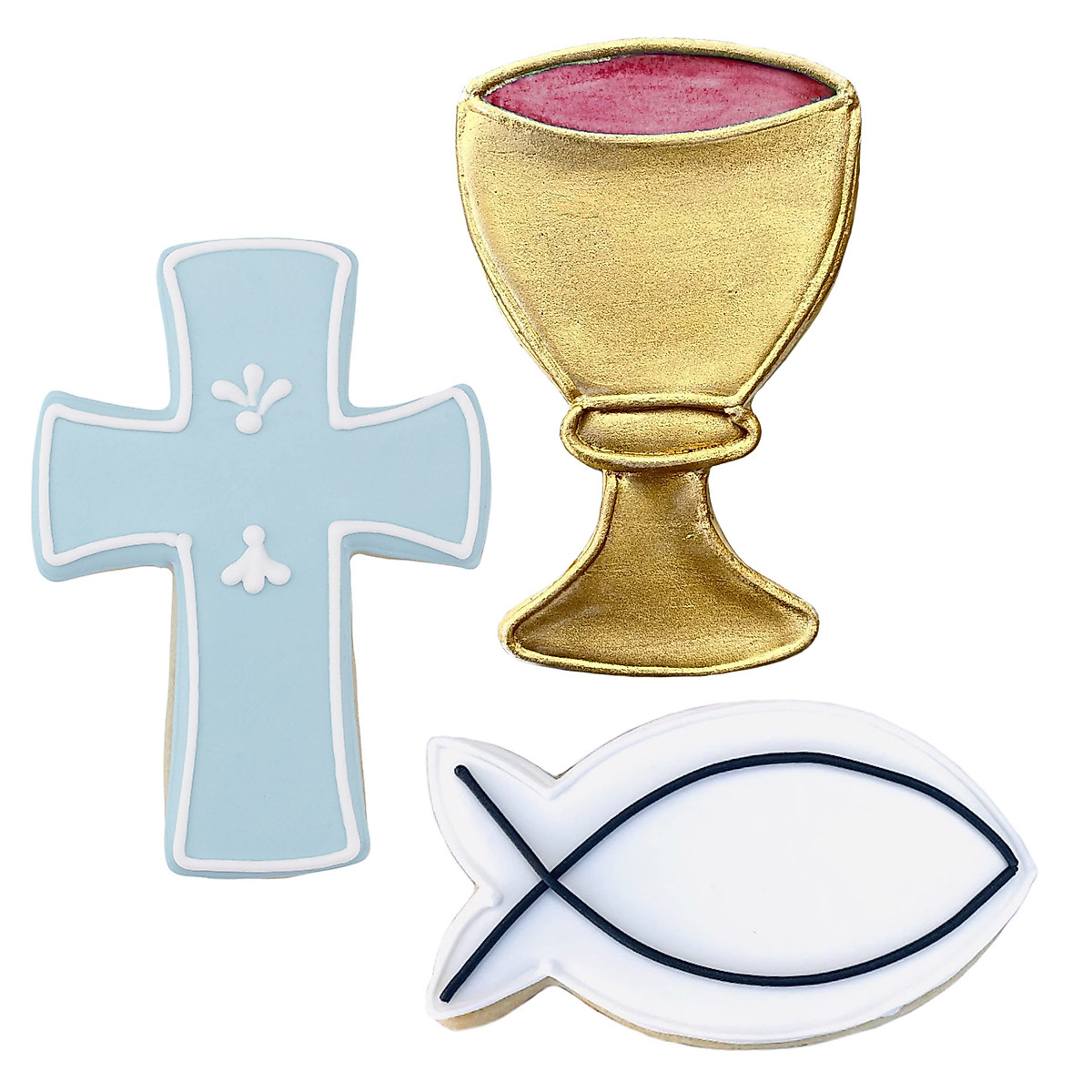 Communion Confirmation Baptism Easter Cookie Cutters 3-Pc. Set Made in the USA by Ann Clark, Chalice, Jesus Fish, Holy Cross