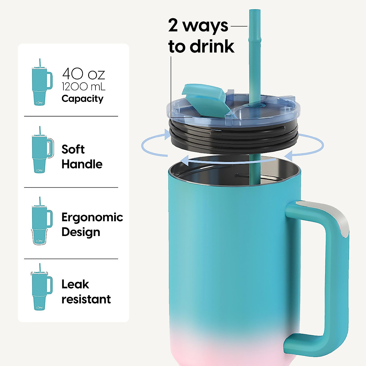 O'JAY 40oz Stainless Steel Insulated Travel Mug - Leak-Proof Straw Lid, Cupholder Friendly, Dreamy Green-Pink