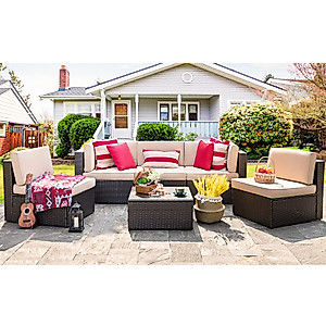 Vongrasig 6 Piece Small Patio Furniture Sets, All Weather PE Wicker Rattan Outdoor Sectional Sofa Conversation Couch with Glass Table, Cushions and Red Pillows, for Lawn, Garden, Backyard (Beige)