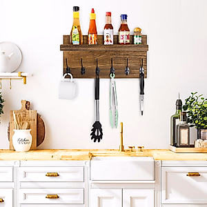 HRONRAD Shelf with Hooks, Coat Rack Wall Mount with 6 Double Metal Hooks, 17 Inch Farmhouse Wall Hooks with Shelf, for Entryway, Bathroom, Kitchen, Rustic Brown