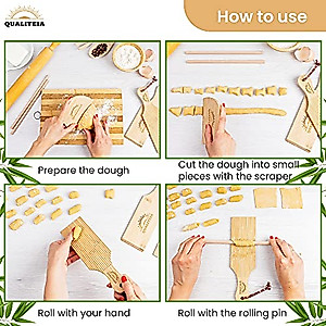 Qualiteia Gnocchi Board Set for Rolling Dough - 2 Pcs Paddles Rollers 1 Pc Cutter Authentic Pasta Shaper Tools Butter Maker Garganelli Cavatelli Tortellini Cavarola Roller Great Cutlery Gift, 9