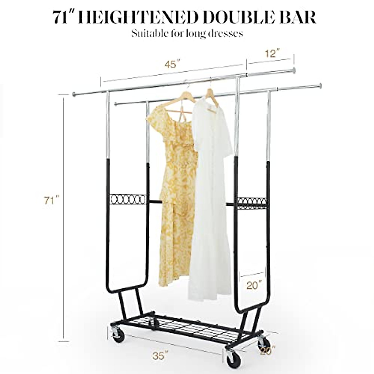 LIFEFAIR 500 lbs Capacity Heavy Duty Clothing Rack, Garment Rack for Hanging Clothes Freestanding on Wheels Collapsible Portable Rolling Clothes Rack for Bedroom Living Room