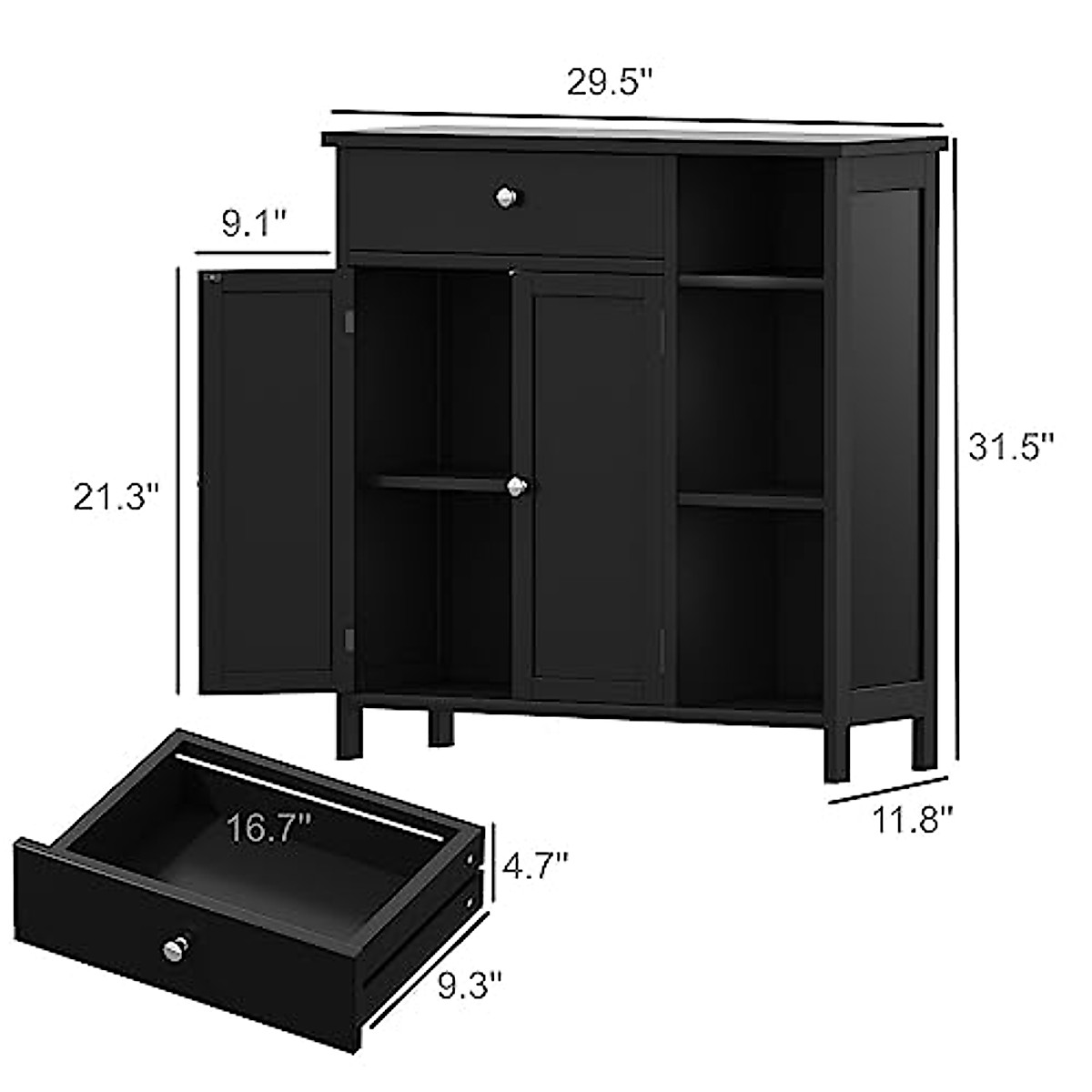 Irontar Bathroom Cabinet with Doors, Bathroom Floor Cabinet with Drawer & Adjustable Shelf, Kitchen Cupboard Storage for Living Room, Entryway, Black