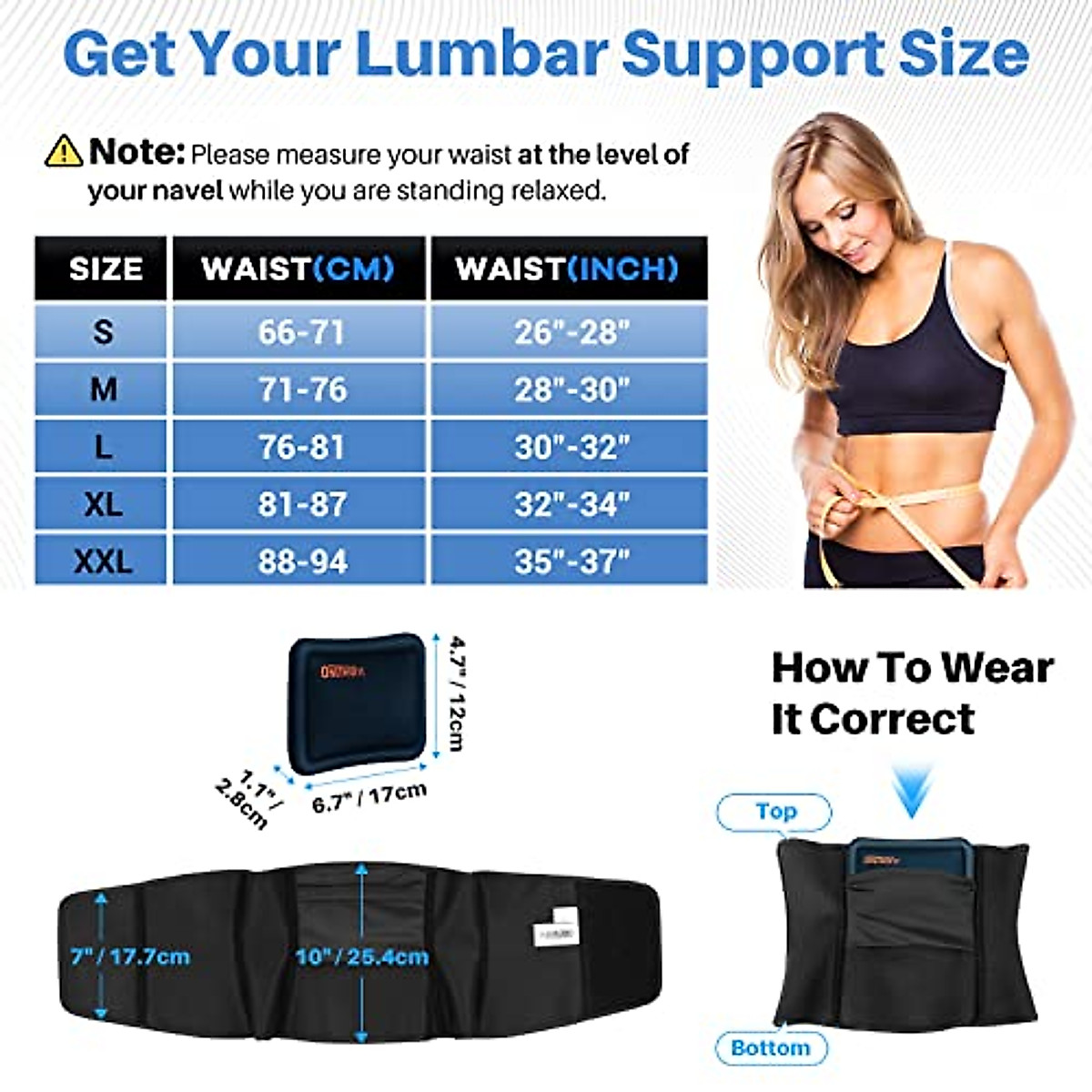 ONETWOFIT Lumbar Support Belt, Back Brace for Women Men, Back Support Belt with Lumbar Pad Black OT049801