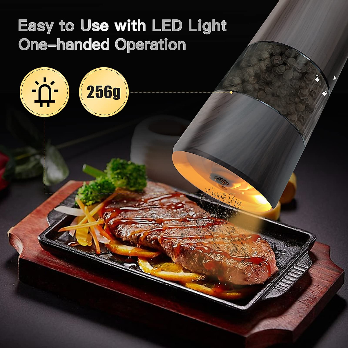 Electric Salt and Pepper Grinder Set - Rechargeable USB Cable, LED Lights, Automatic Pepper and Salt Mill Grinder Set Refillable, Adjustable Coarseness, One Hand Operation (Black Brown 2 Pack)