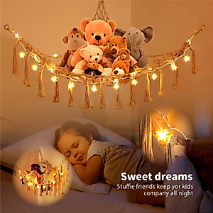 UNKENBO Stuffed Animal Storage Hammock - Macrame Toy Hammock with Photo Clips, Star String Lights, Space Saving Hanging Corner Stuffed Animal Net or Hammock, Boho Kids Bedroom Decor (Cream)