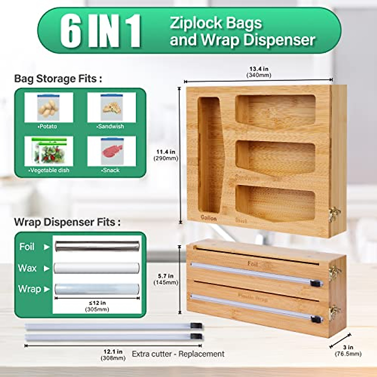 UrbanEco Ziplock Bag Organizer Foil and Plastic Wrap Organizer with Cutter, 6-in-1 Multifunction Kitchen food bag storage Box for Drawer or Wall mount with Aluminum Foil Dispenser - Compatible with Gallon Quart Sandwich & Snack Bag - Foil Dispenser Fits T